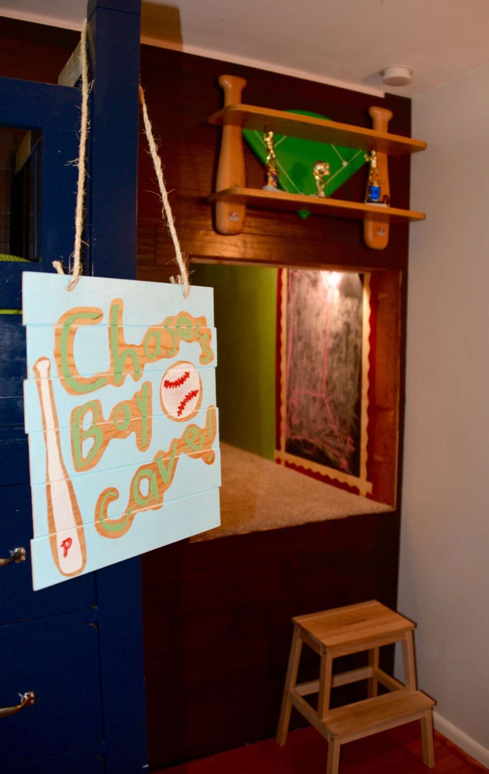 My 7yo baseball star client wants a retreat. My idea? Boy cave bedroom ...